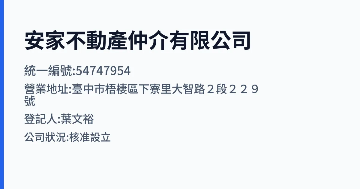 安家不動產仲介有限公司 - 統編 54747954(臺中市) 公司登記資料與營業項目詳細圖表