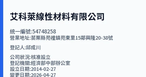 艾科萊線性材料有限公司的照片-統編 54748258(苗栗縣) 公司登記資料與營業項目詳細圖表