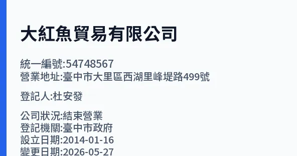 大紅魚貿易有限公司的照片-統編 54748567(臺中市) 公司登記資料與營業項目詳細圖表