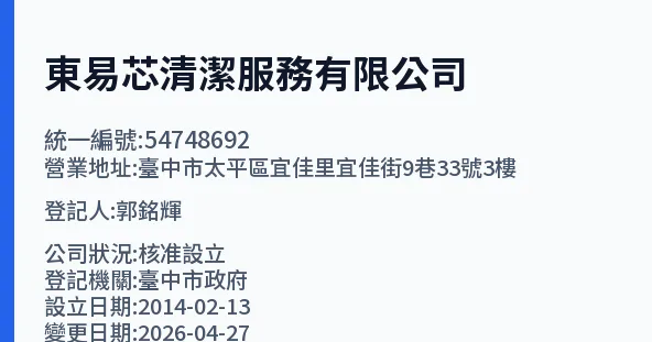 東易芯清潔服務有限公司的照片-統編 54748692(臺中市) 公司登記資料與營業項目詳細圖表
