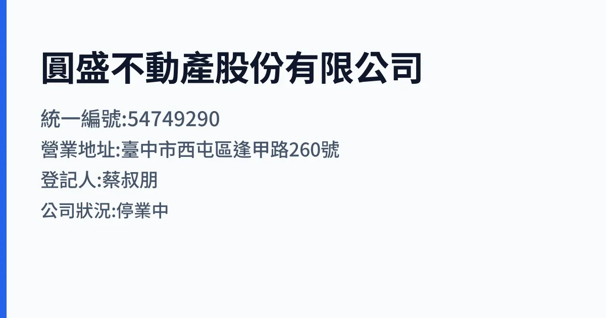 圓盛不動產股份有限公司 - 統編 54749290(臺中市) 公司登記資料與營業項目詳細圖表