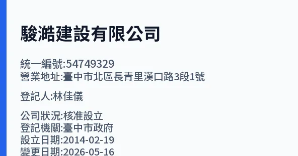 駿澔建設有限公司的照片-統編 54749329(臺中市) 公司登記資料與營業項目詳細圖表