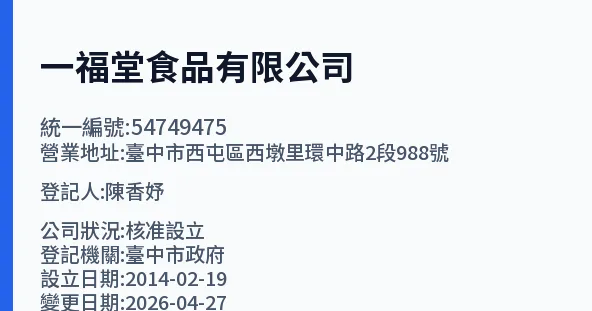 一福堂食品有限公司的照片-統編 54749475(臺中市) 公司登記資料與營業項目詳細圖表