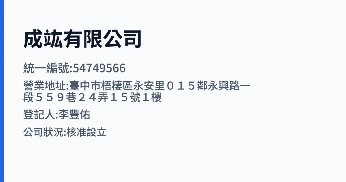 成竑有限公司 - 統編 54749566(臺中市) 公司登記資料與營業項目詳細圖表