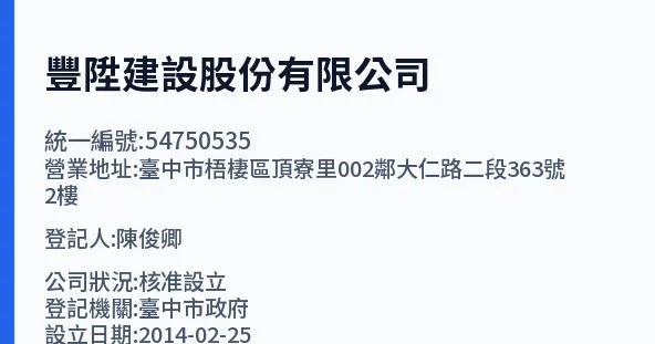 豐陞建設股份有限公司的照片-統編 54750535(臺中市) 公司登記資料與營業項目詳細圖表