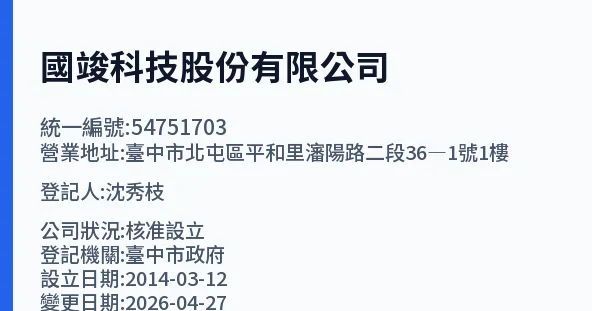 國竣科技股份有限公司的照片-統編 54751703(臺中市) 公司登記資料與營業項目詳細圖表