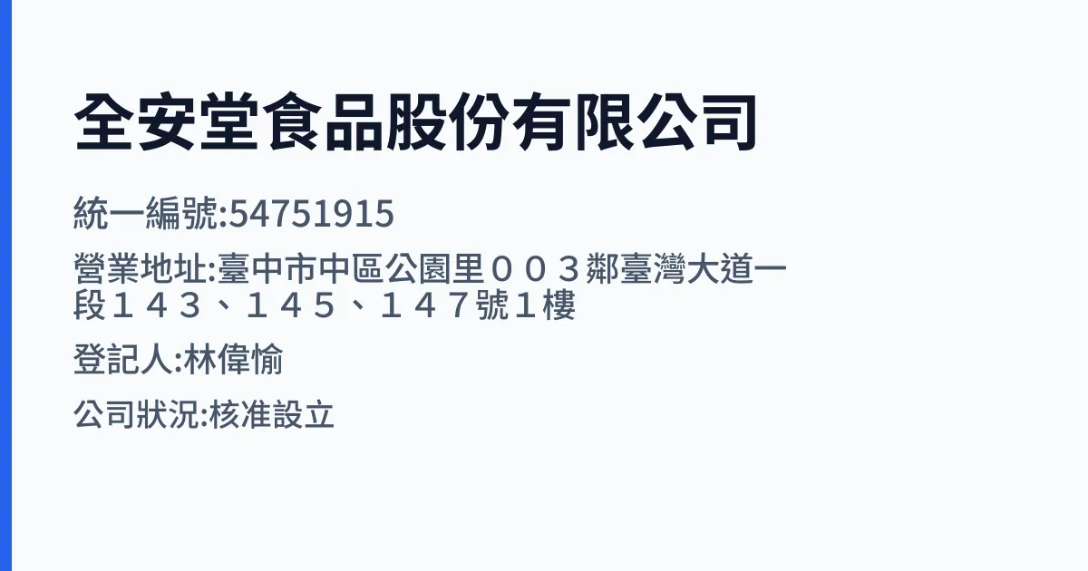 全安堂食品股份有限公司 - 統編 54751915(臺中市) 公司登記資料與營業項目詳細圖表