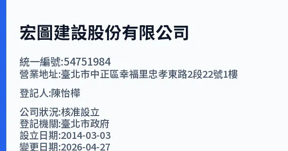 宏圖建設股份有限公司的照片-統編 54751984(臺北市) 公司登記資料與營業項目詳細圖表