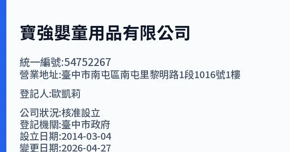 寶強嬰童用品有限公司的照片-統編 54752267(臺中市) 公司登記資料與營業項目詳細圖表