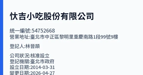 忕吉小吃股份有限公司的照片-統編 54752668(臺北市) 公司登記資料與營業項目詳細圖表