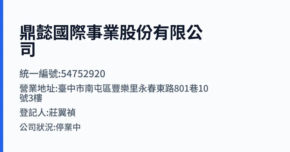 鼎懿國際事業股份有限公司 - 統編 54752920(臺中市) 公司登記資料與營業項目詳細圖表