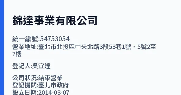 錦達事業有限公司的照片-統編 54753054(臺北市) 公司登記資料與營業項目詳細圖表