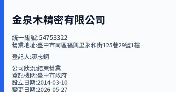 金泉木精密有限公司的照片-統編 54753322(臺中市) 公司登記資料與營業項目詳細圖表