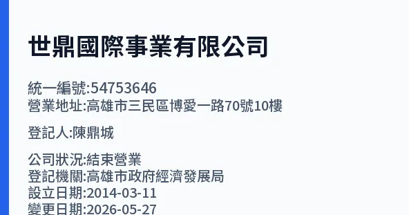 世鼎國際事業有限公司的照片-統編 54753646(高雄市) 公司登記資料與營業項目詳細圖表