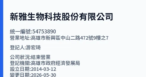 新雅生物科技股份有限公司的照片-統編 54753890(高雄市) 公司登記資料與營業項目詳細圖表
