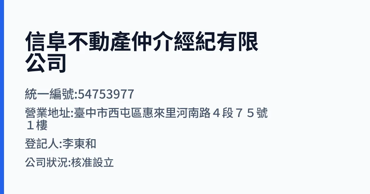 信阜不動產仲介經紀有限公司 - 統編 54753977(臺中市) 公司登記資料與營業項目詳細圖表