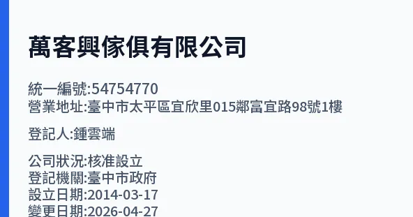 萬客興傢俱有限公司的照片-統編 54754770(臺中市) 公司登記資料與營業項目詳細圖表