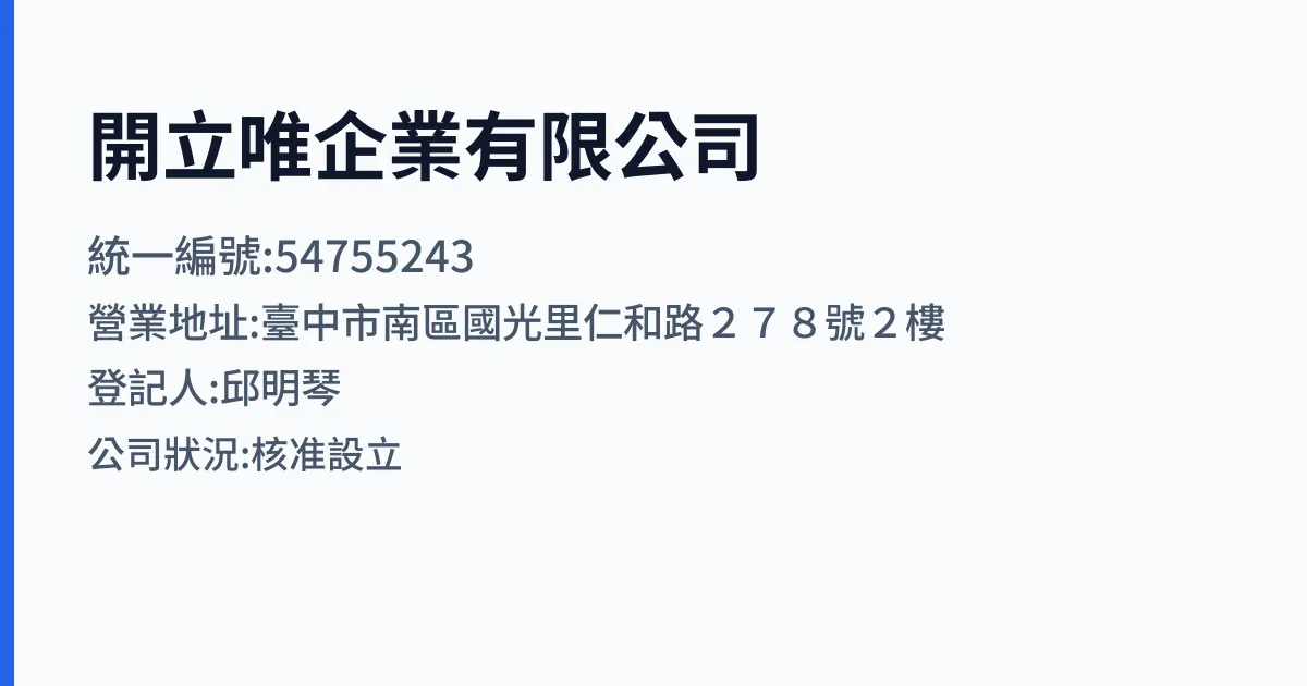 開立唯企業有限公司 - 統編 54755243(臺中市) 公司登記資料與營業項目詳細圖表