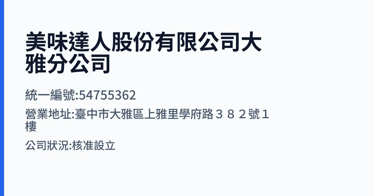 美味達人股份有限公司大雅分公司 - 統編 54755362(臺中市) 公司登記資料與營業項目詳細圖表