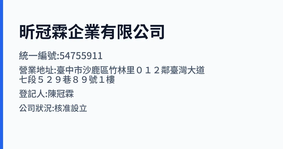 昕冠霖企業有限公司 - 統編 54755911(臺中市) 公司登記資料與營業項目詳細圖表