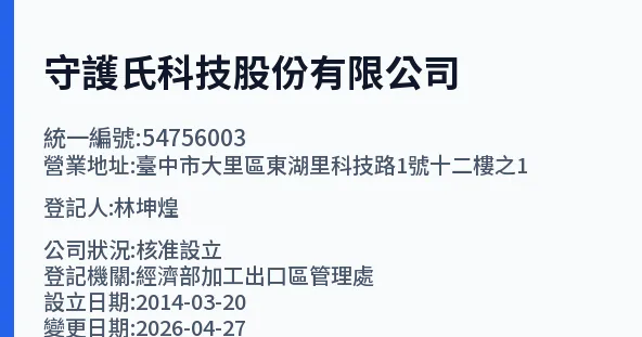 守護氏科技股份有限公司的照片-統編 54756003(臺中市) 公司登記資料與營業項目詳細圖表