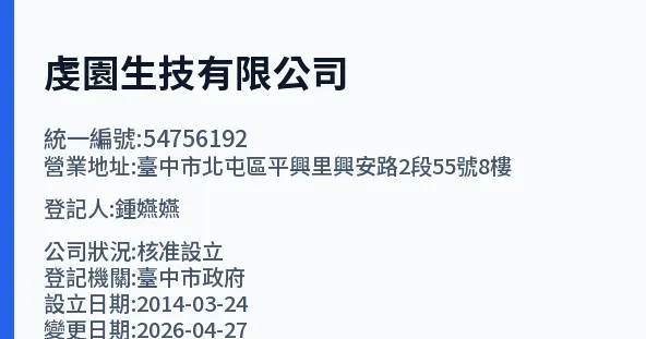 虔園生技有限公司的照片-統編 54756192(臺中市) 公司登記資料與營業項目詳細圖表