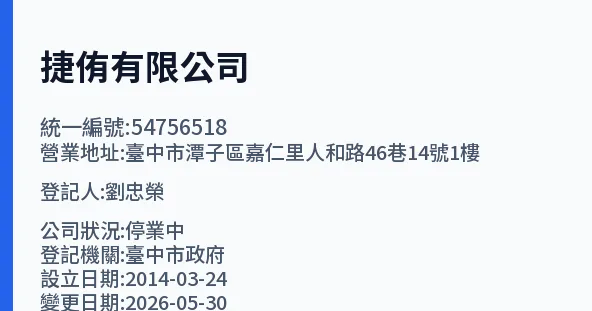 捷侑有限公司的照片-統編 54756518(臺中市) 公司登記資料與營業項目詳細圖表