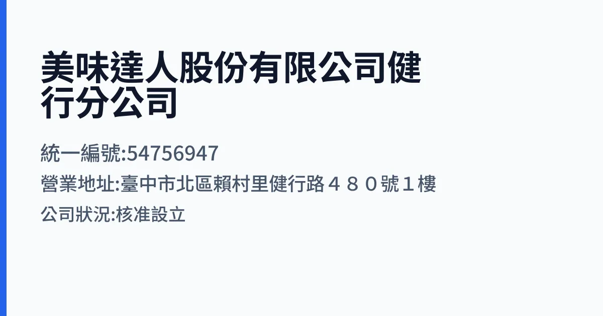 美味達人股份有限公司健行分公司 - 統編 54756947(臺中市) 公司登記資料與營業項目詳細圖表
