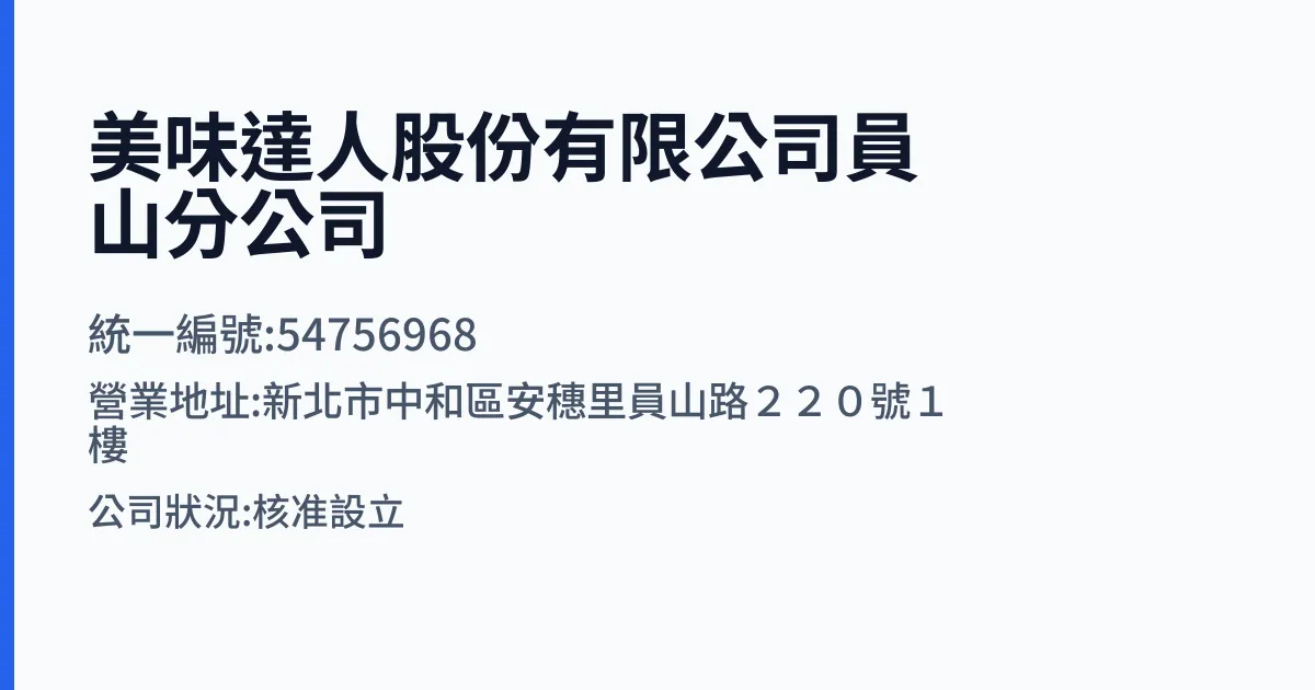 美味達人股份有限公司員山分公司 - 統編 54756968(新北市) 公司登記資料與營業項目詳細圖表