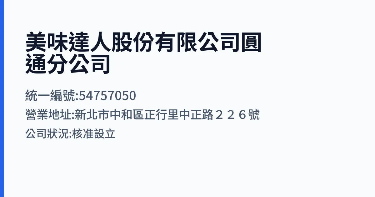 美味達人股份有限公司圓通分公司 - 統編 54757050(新北市) 公司登記資料與營業項目詳細圖表