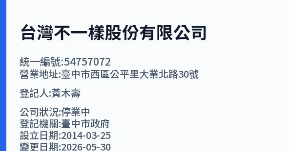 台灣不一樣股份有限公司的照片-統編 54757072(臺中市) 公司登記資料與營業項目詳細圖表