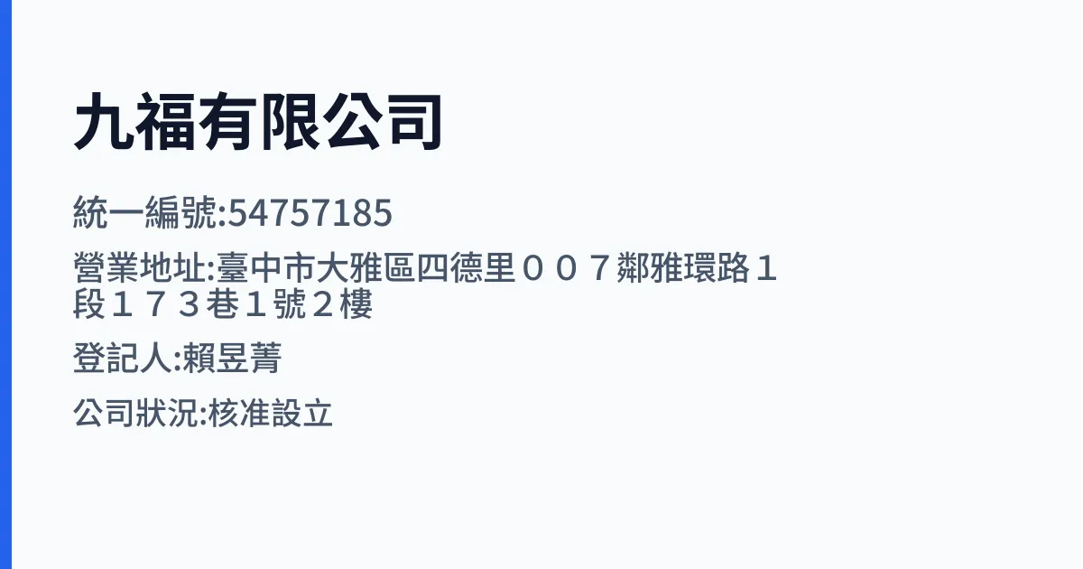 九福有限公司 - 統編 54757185(臺中市) 公司登記資料與營業項目詳細圖表