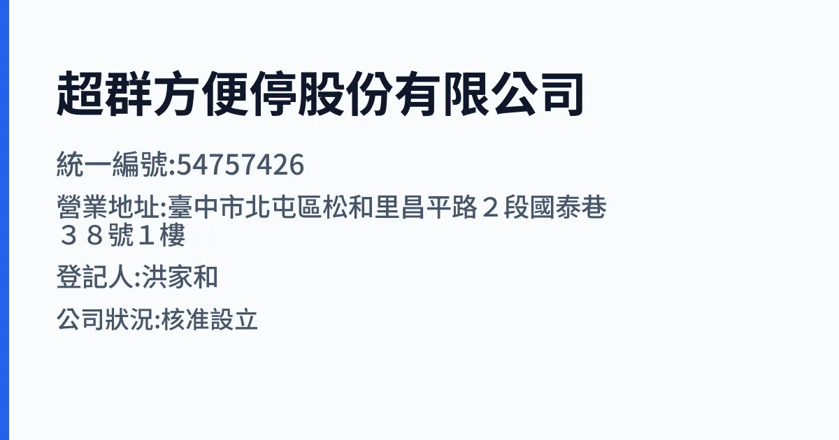 超群方便停股份有限公司 - 統編 54757426(臺中市) 公司登記資料與營業項目詳細圖表