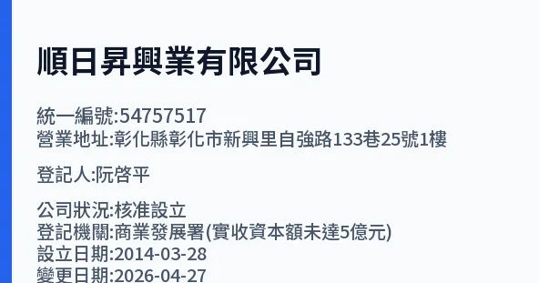 順日昇興業有限公司的照片-統編 54757517(彰化縣) 公司登記資料與營業項目詳細圖表