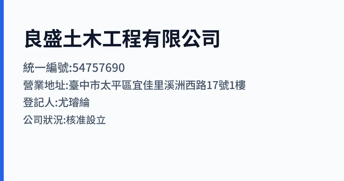 良盛土木工程有限公司 - 統編 54757690(臺中市) 公司登記資料與營業項目詳細圖表