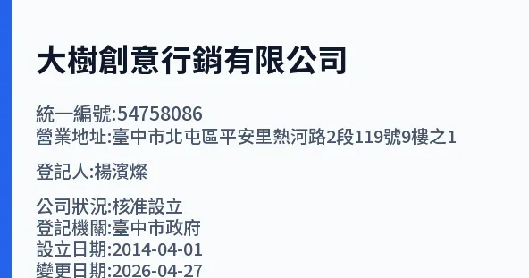 大樹創意行銷有限公司的照片-統編 54758086(臺中市) 公司登記資料與營業項目詳細圖表