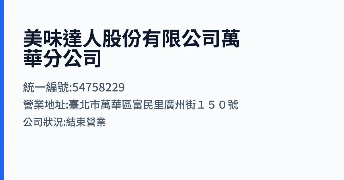 美味達人股份有限公司萬華分公司 - 統編 54758229(臺北市) 公司登記資料與營業項目詳細圖表