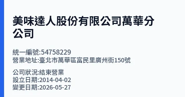 美味達人股份有限公司萬華分公司的照片-統編 54758229(臺北市) 公司登記資料與營業項目詳細圖表