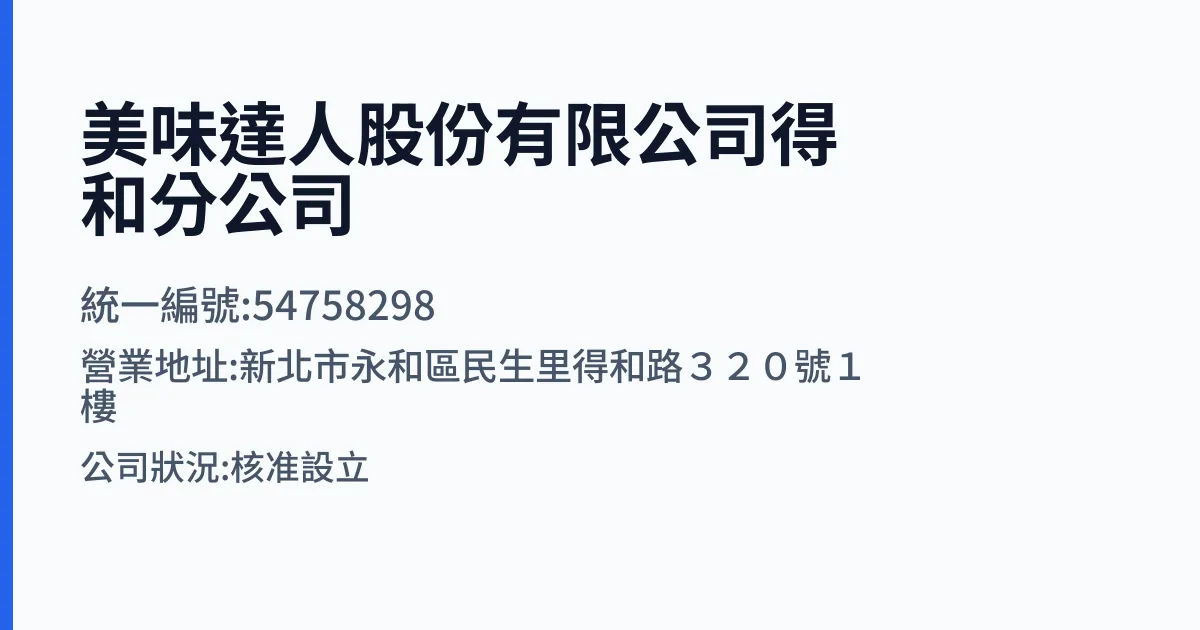 美味達人股份有限公司得和分公司 - 統編 54758298(新北市) 公司登記資料與營業項目詳細圖表