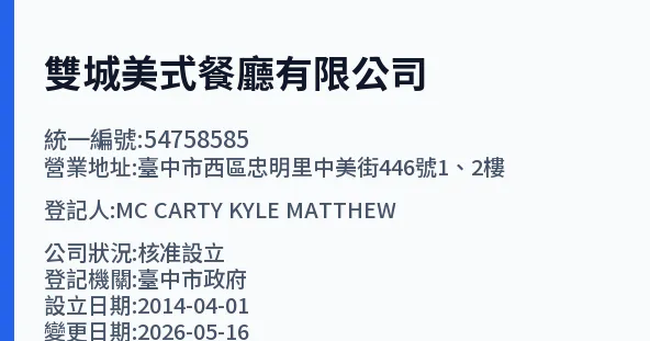 雙城美式餐廳有限公司的照片-統編 54758585(臺中市) 公司登記資料與營業項目詳細圖表