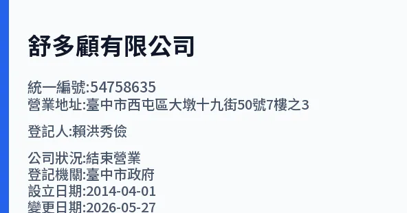 舒多顧有限公司的照片-統編 54758635(臺中市) 公司登記資料與營業項目詳細圖表