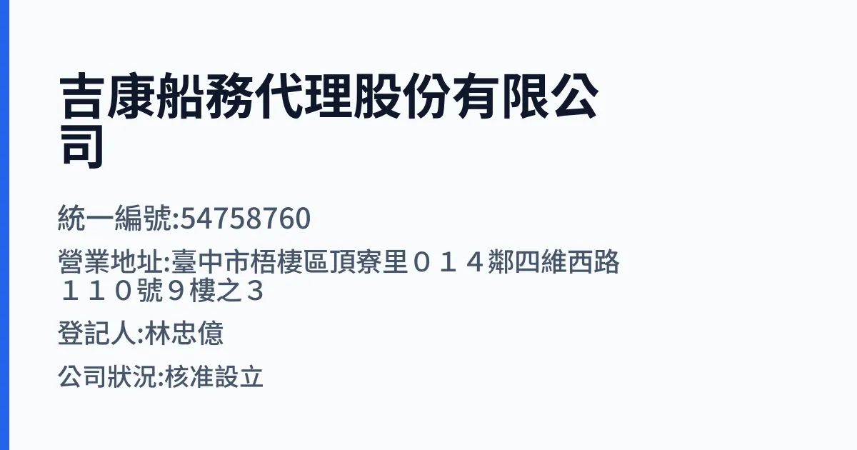 吉康船務代理股份有限公司 - 統編 54758760(臺中市) 公司登記資料與營業項目詳細圖表