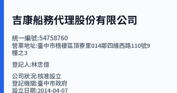 吉康船務代理股份有限公司的照片-統編 54758760(臺中市) 公司登記資料與營業項目詳細圖表