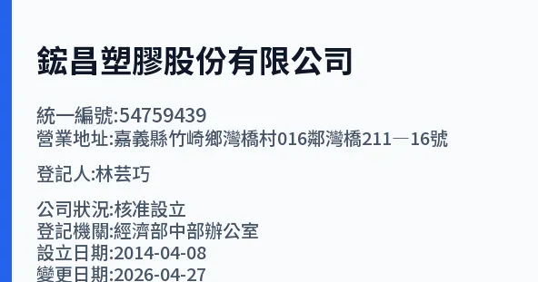 鋐昌塑膠股份有限公司的照片-統編 54759439(嘉義縣) 公司登記資料與營業項目詳細圖表