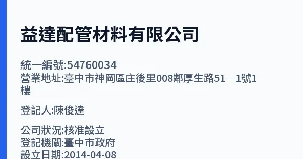 益達配管材料有限公司的照片-統編 54760034(臺中市) 公司登記資料與營業項目詳細圖表