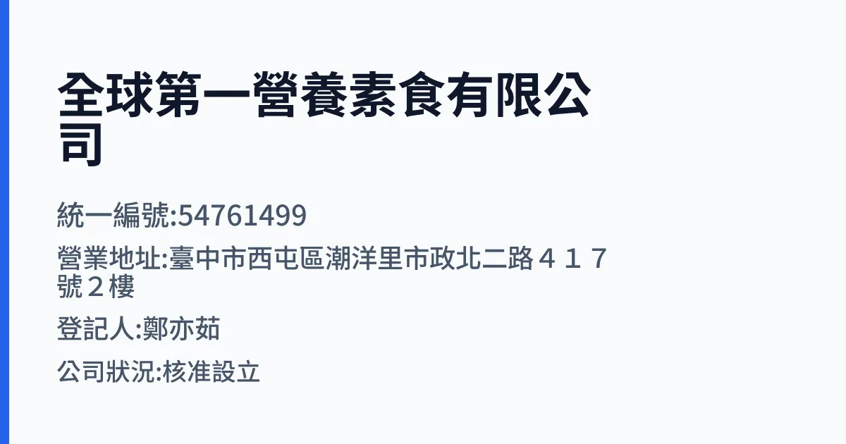 全球第一營養素食有限公司 - 統編 54761499(臺中市) 公司登記資料與營業項目詳細圖表