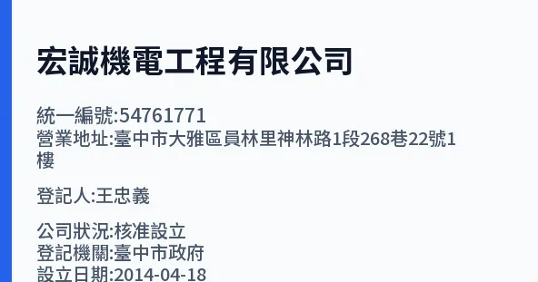 宏誠機電工程有限公司的照片-統編 54761771(臺中市) 公司登記資料與營業項目詳細圖表
