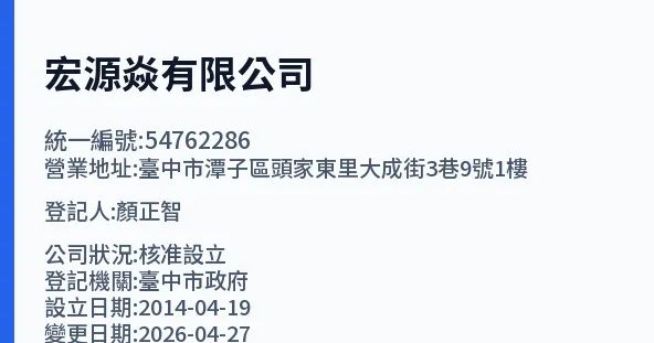 宏源焱有限公司的照片-統編 54762286(臺中市) 公司登記資料與營業項目詳細圖表