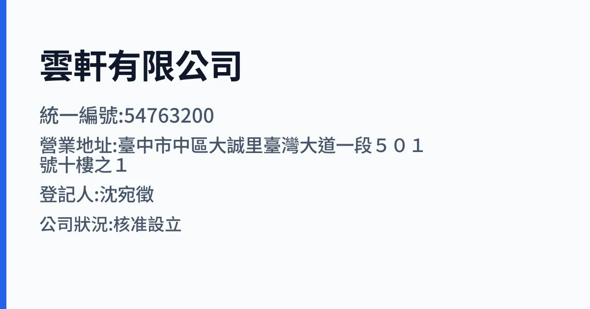 雲軒有限公司 - 統編 54763200(臺中市) 公司登記資料與營業項目詳細圖表