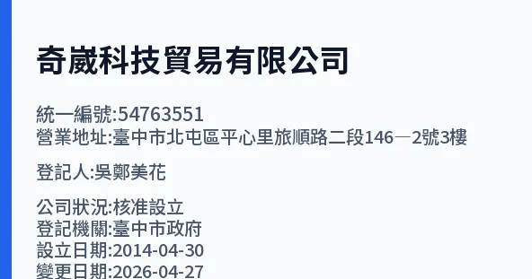 奇崴科技貿易有限公司的照片-統編 54763551(臺中市) 公司登記資料與營業項目詳細圖表